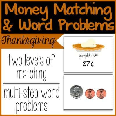 November and Thanksgiving Money Matching and Word Problems