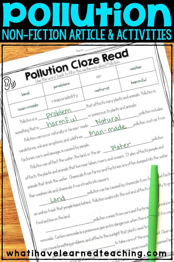 Pollution Reading Comprehension Passage & Activities for Elementary ...