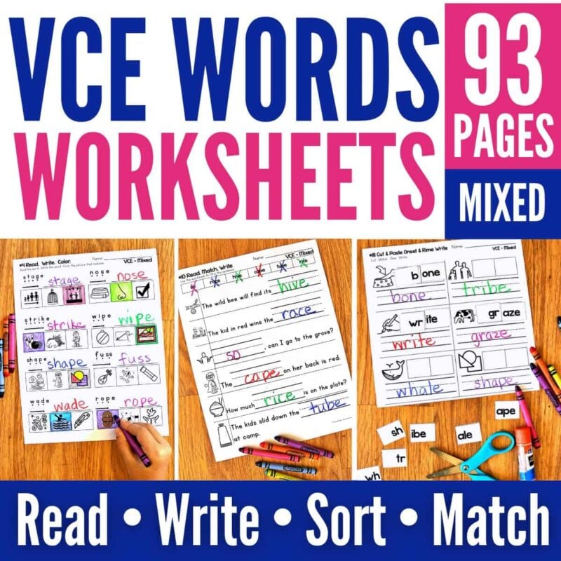 Mixed VCE Worksheets and Activities No-Prep Phonics Worksheets