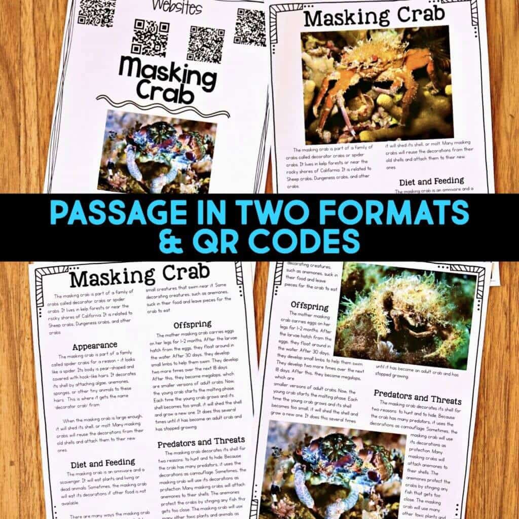 Masking Crab Informational Article & Comprehension Activities