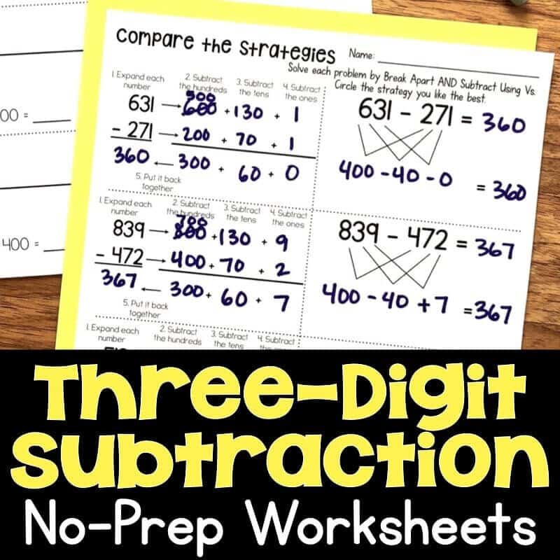 Three-Digit Subtraction No-Prep Printable Practice Worksheets