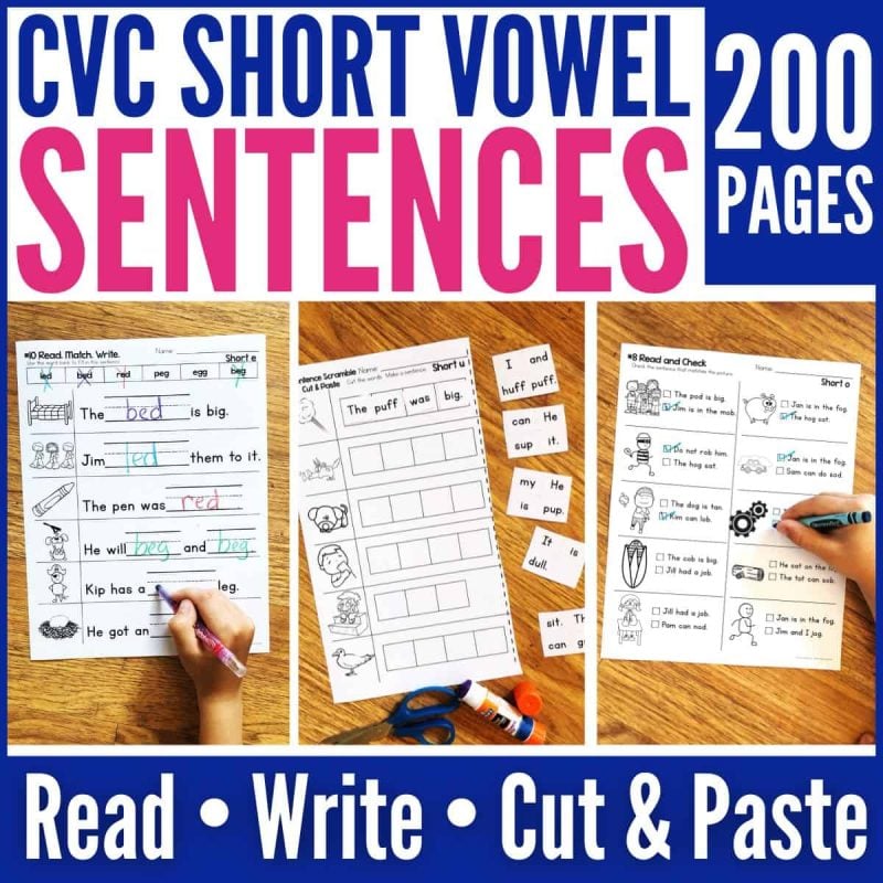 Short Vowel CVC Sentence Writing Worksheets